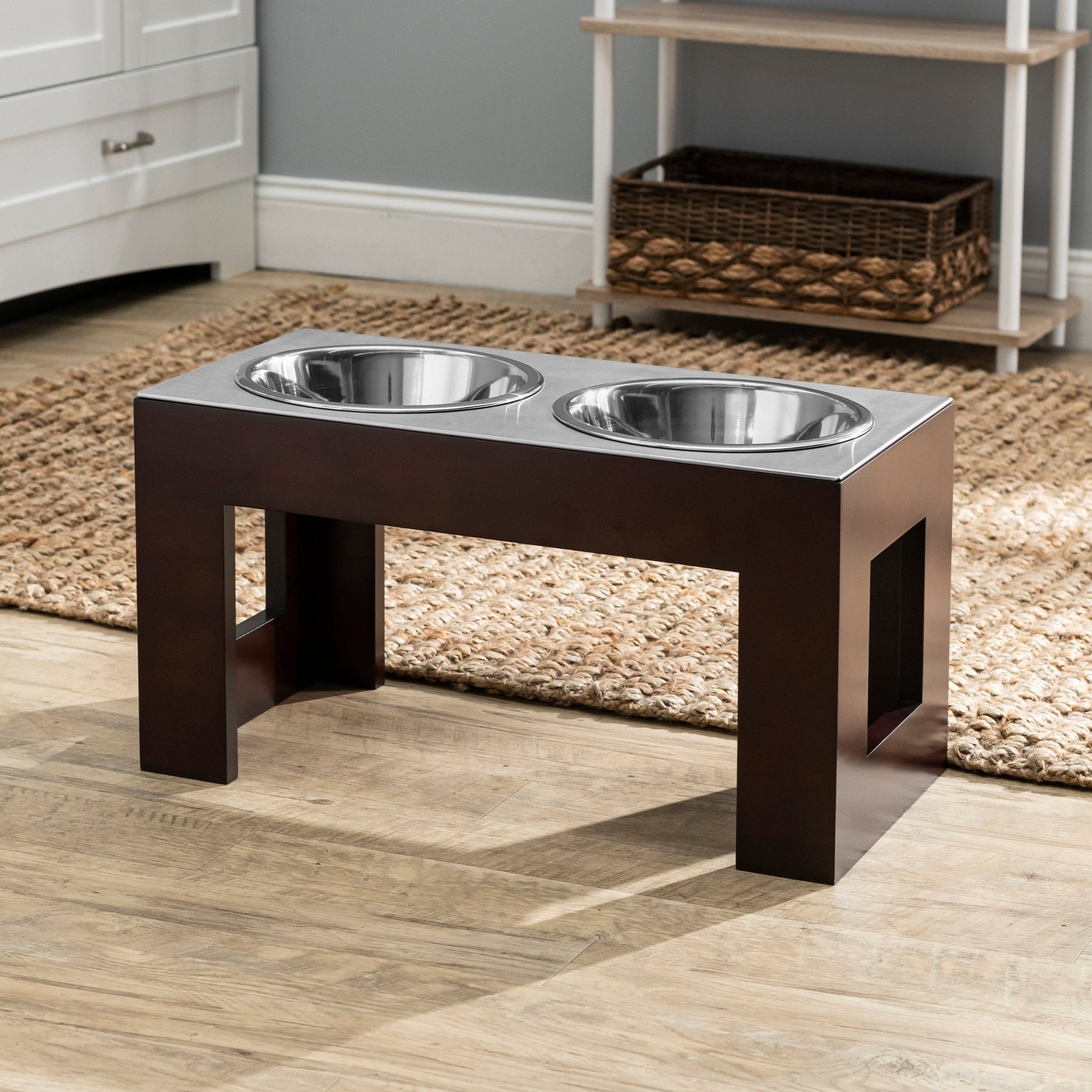 Indus. Modern Designer Wood Stainless Steel Elevated Dog Bowl Stand. S L Dog Feeder. Raised Food Water Bowl Wooden Feeding Station NMN Designs
