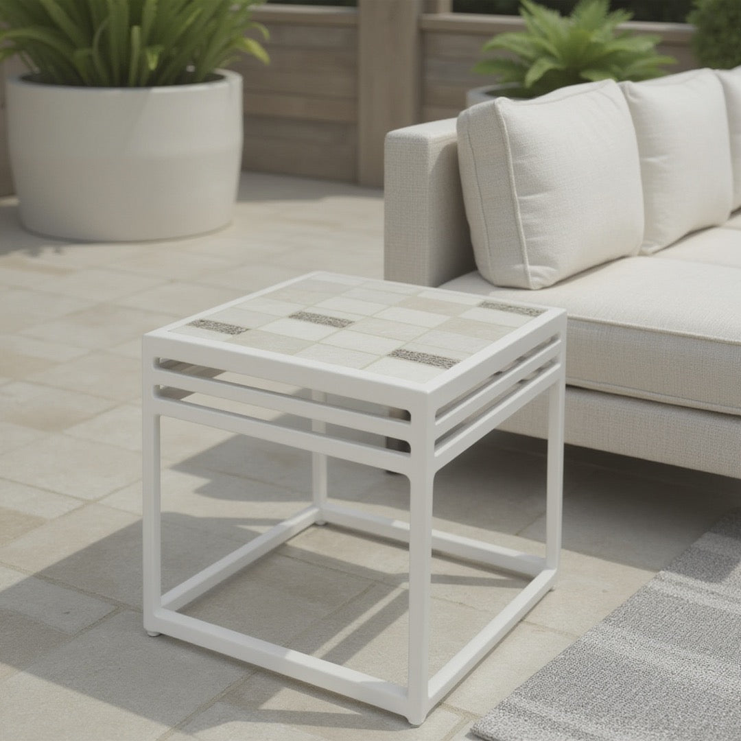 Lang. Tile Top Outdoor Patio Side Table, Metal Base. White / Black ...