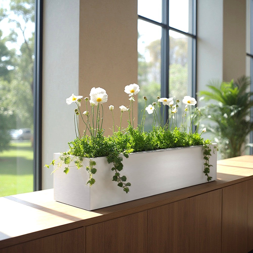 Modern Silver Metal, Long Trough, Window Box Planter Box. 36", Indoor ...