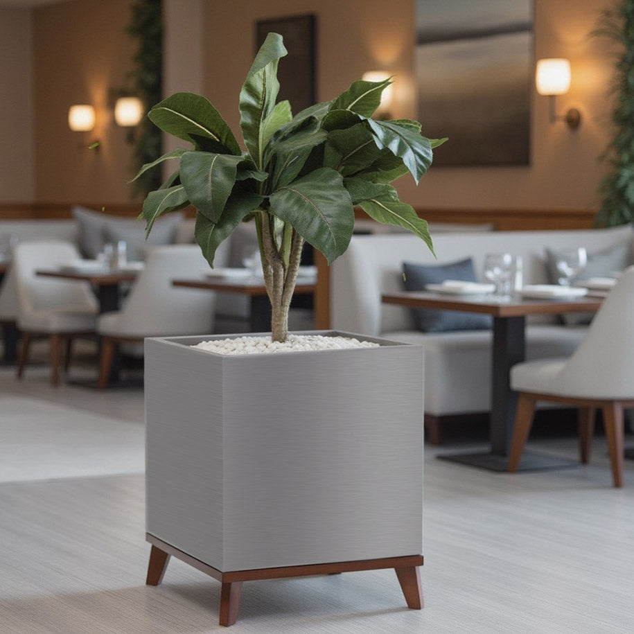 Raised Silver Metal Indoor Plant Box, Wood Base. Large 16" Aluminum MCM ...